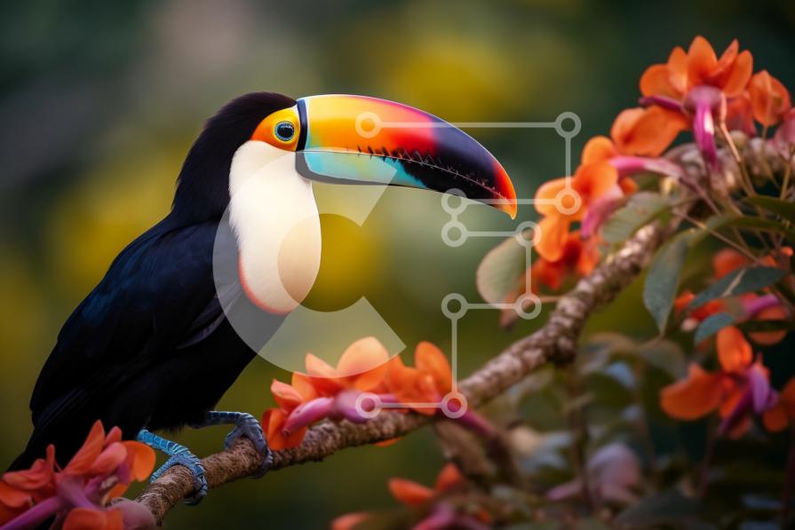Toucan Bird Perched on a Branch with Colorful Flowers stock photo ...