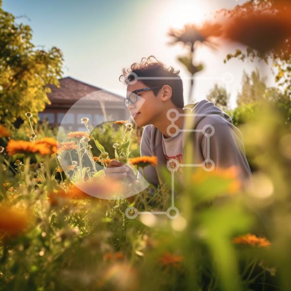 Beautiful picture of a young man with a flower in his hand in a garden ...