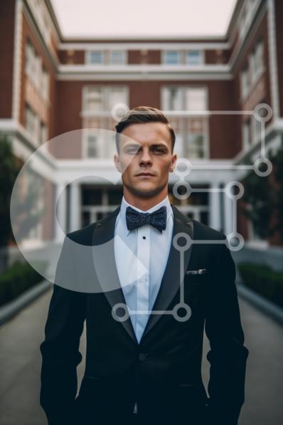 Serious Man in Black Tuxedo Standing in Front of Red Brick Building ...