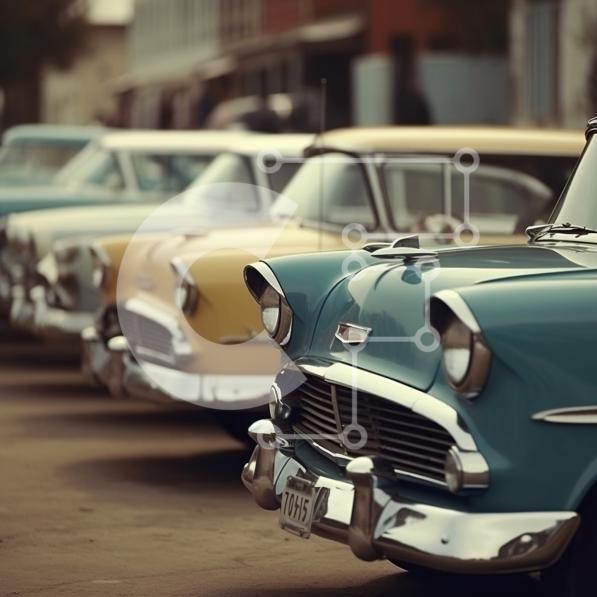 Row of Vintage Cars Parked on Side of Road stock photo | Creative Fabrica