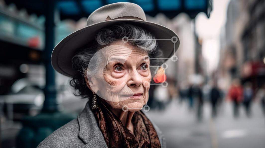 Elderly Woman Looking into the Distance on Busy City Street stock photo ...