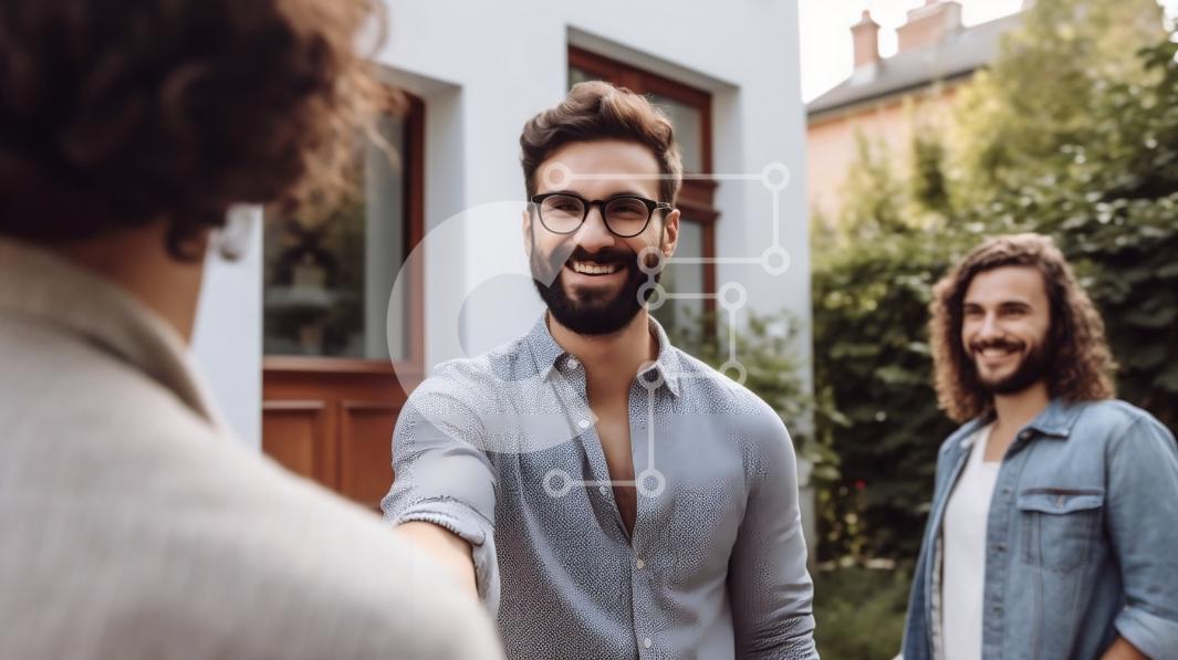 Three Men Shaking Hands Outside a House stock photo | Creative Fabrica