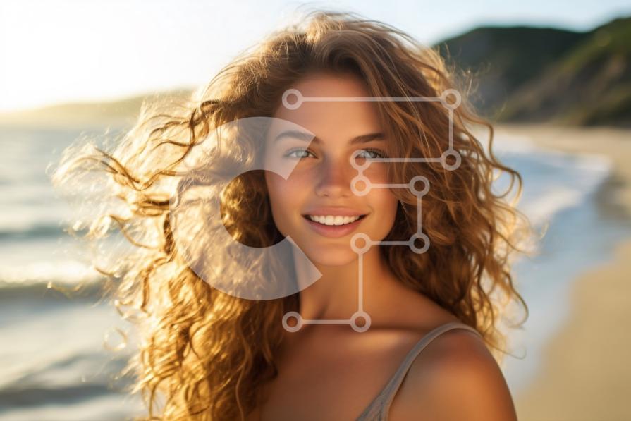 Impresionante retrato al atardecer de una mujer en la playa fotos de ...