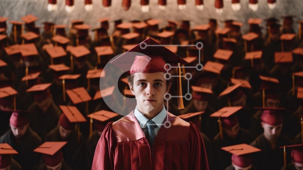 Momento emocionante de un joven en toga roja y birrete en la ceremonia ...