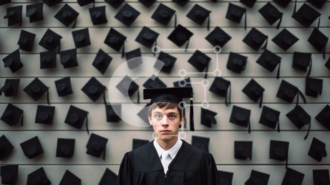 Graduation Cap and Gown Picture with Young Man in Front of Wall of Caps ...