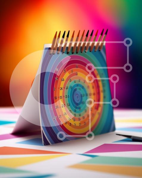 Colorful Spiral Calendar on Desk with Pencils stock photo | Creative ...