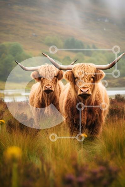 Beautiful Picture of Highland Cows in a Field with Mountains in the ...