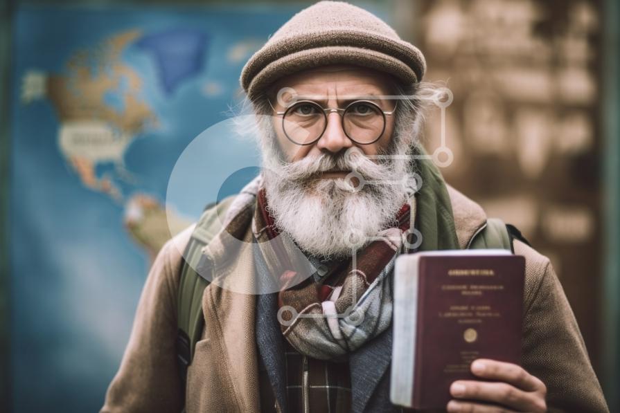 Portrait of an Elderly Man Holding Passport in Front of World Map stock ...
