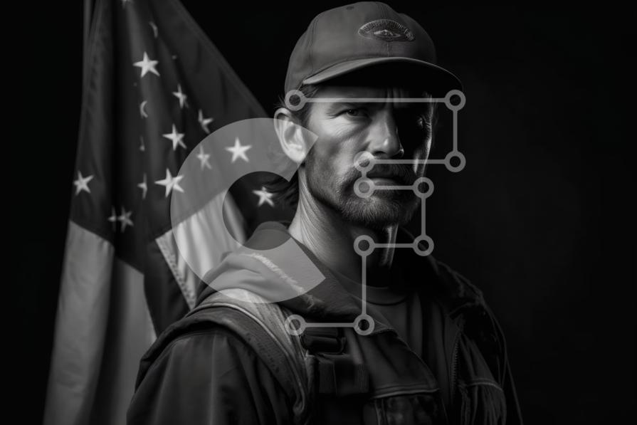 Serious Man with Gun in front of American Flag stock photo | Creative ...