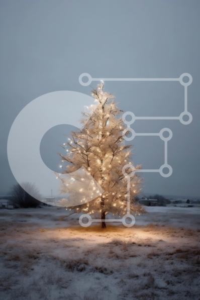 Beautiful Picture of a Lit Christmas Tree in a Snowy Field stock photo ...