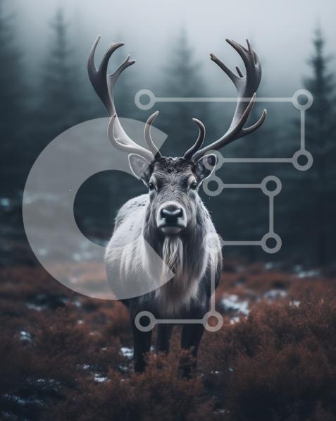Beautiful Picture of a Male Reindeer in a Misty Forest stock photo ...