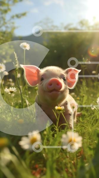Adorable Picture of a Pig in a Daisy Field stock photo | Creative Fabrica