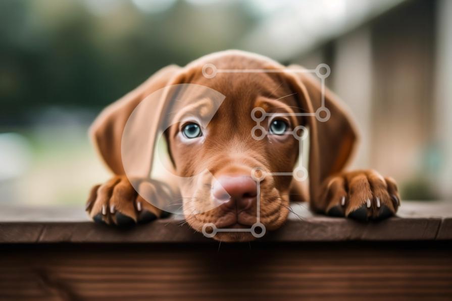 Adorable Picture of Brown Dog Peering Over a Wooden Fence stock photo ...