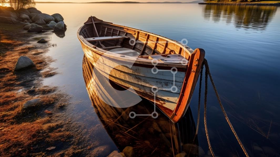 Peaceful sunset scene of an old wooden boat on a calm lake stock photo ...