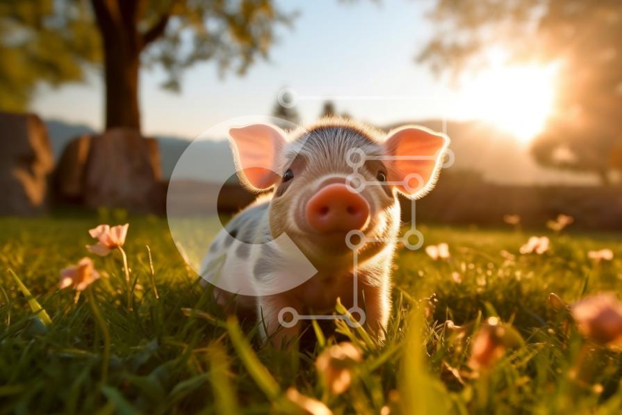 Adorable Picture of a Pig in a Green Field with Flowers stock photo ...