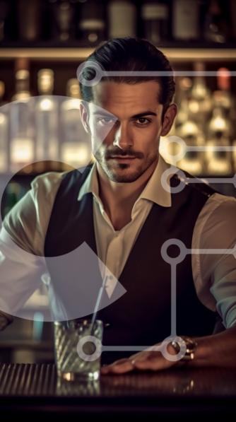 Serious Looking Bartender with Drink in Hand stock photo | Creative Fabrica