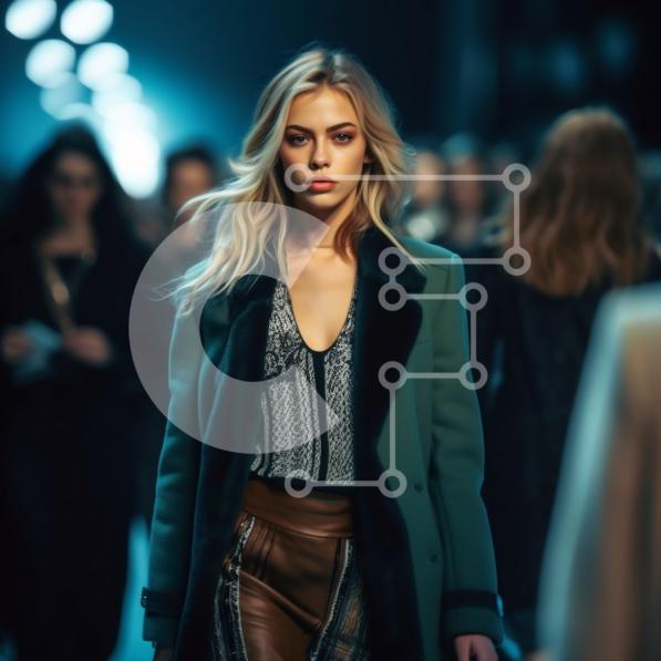 Fashion Model in Green Coat and Leather Pants on the Runway stock photo ...