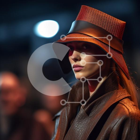 Stylish Model Walking Down Runway in Brown Leather Jacket and Wide ...