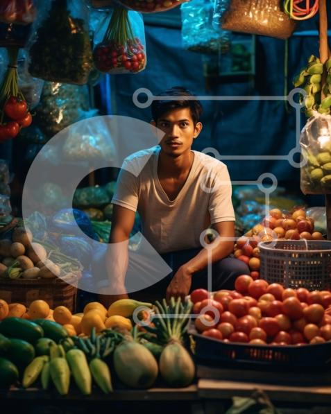 Serious Man at Market Stall with Fruits and Vegetables Displayed stock ...