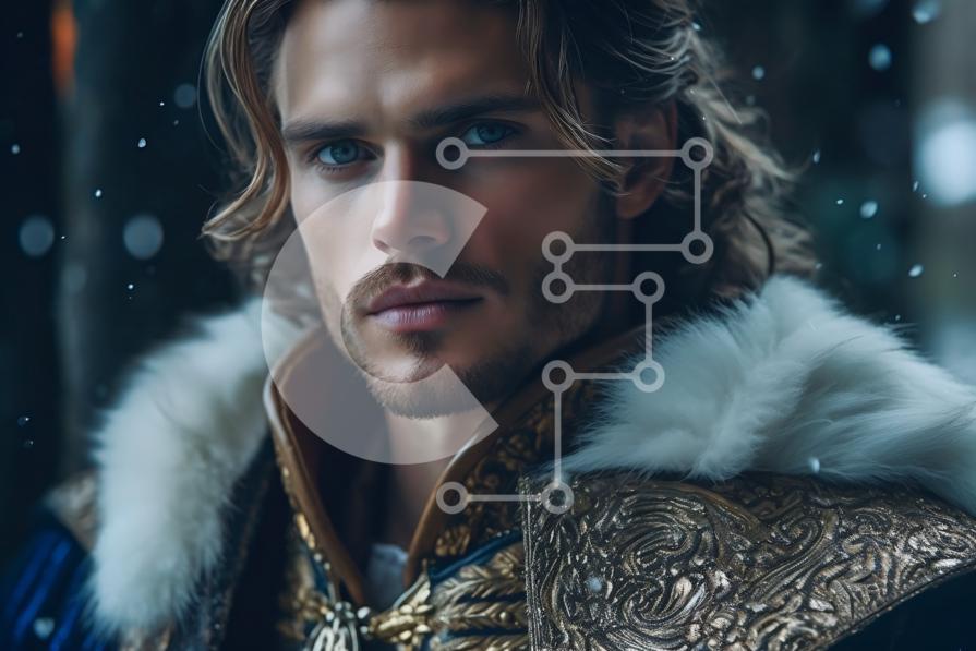 Man in Medieval Outfit Standing in Snowy Forest with Pine Trees stock ...