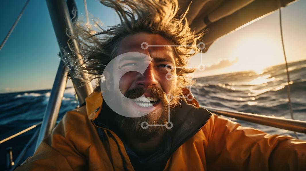 Man op Zeilboot bij Zonsondergang met Grote Glimlach stockfoto ...