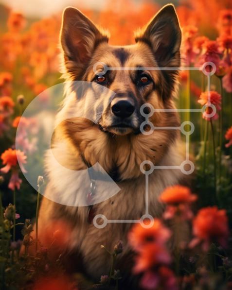 Serious German Shepherd Dog sitting in a field of colorful flowers ...