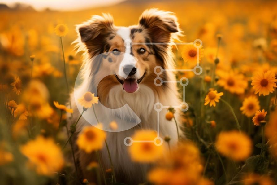Dog in Yellow Flower Field - Cute Animal Photos stock photo | Creative ...