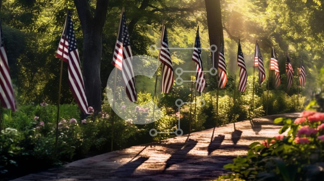 Sunny Park Pathway Lined With American Flags stock photo | Creative Fabrica