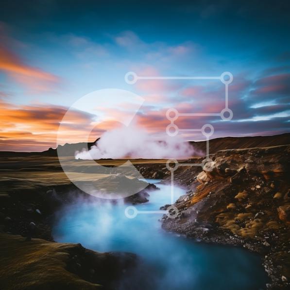 Stunning Sunset View of a Geothermal Area with River stock photo ...