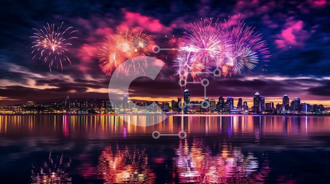 Spectacular Fireworks Display over a City Skyline at Night stock photo ...