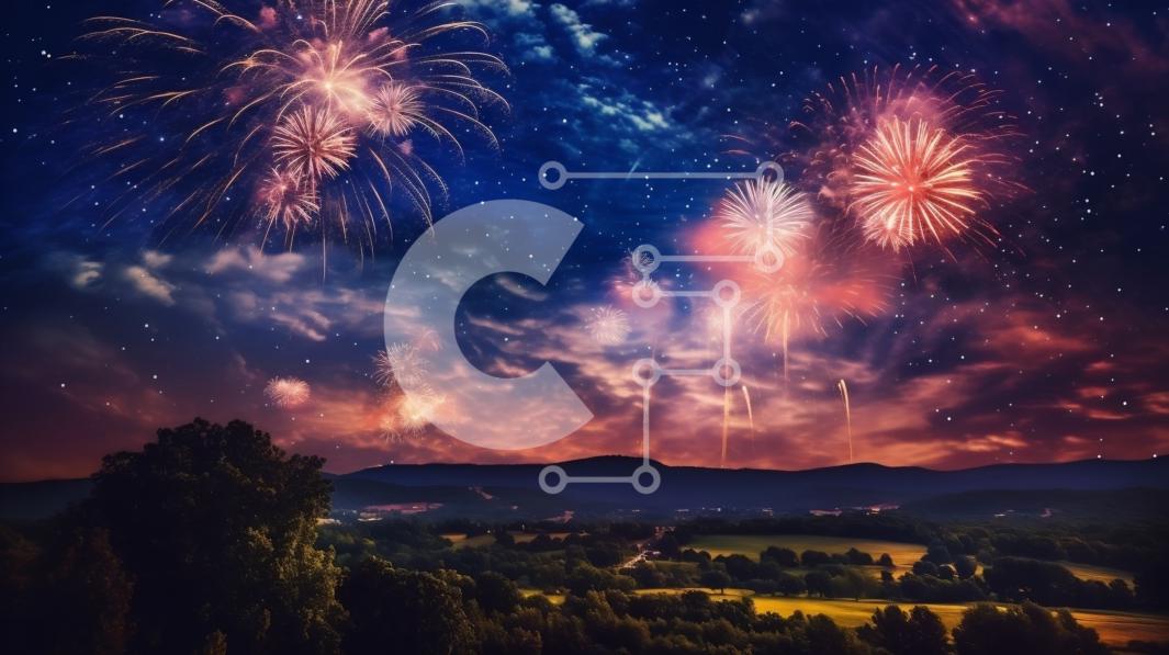 Colorful Fireworks Display over Rural Landscape at Night stock photo ...