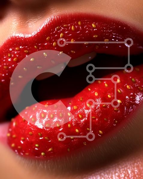 Glossy Lips with Strawberry Pattern Close-up stock photo | Creative Fabrica