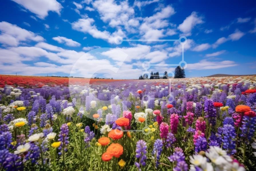 Beautiful Picture of a Field of Wildflowers with a Clear Blue Sky stock ...