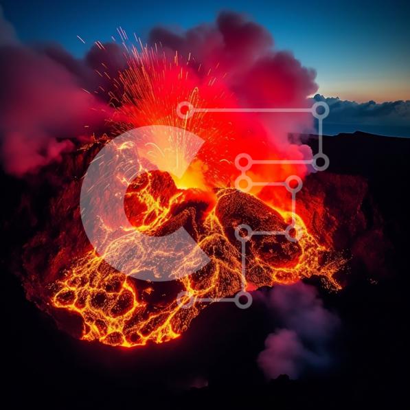 Stunning Image of Volcanic Eruption with Red Lava Flowing Down at Dusk ...