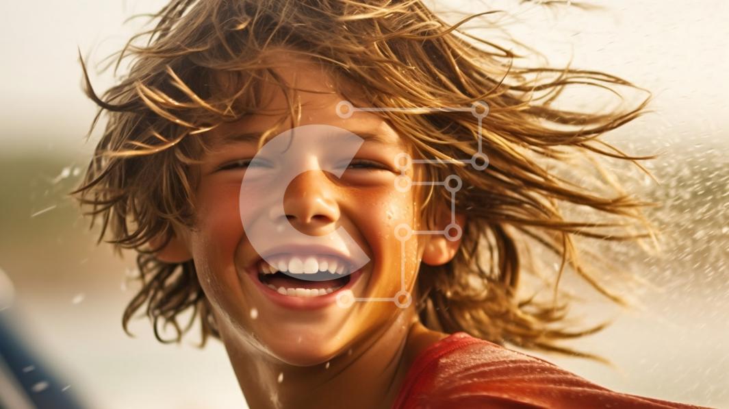 Happy Young Boy Smiling in Front of Water stock photo | Creative Fabrica