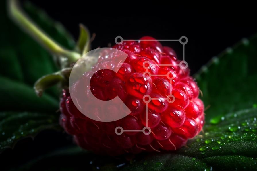 Fresh and Juicy Red Raspberry with Water Droplets on Leaf stock photo ...