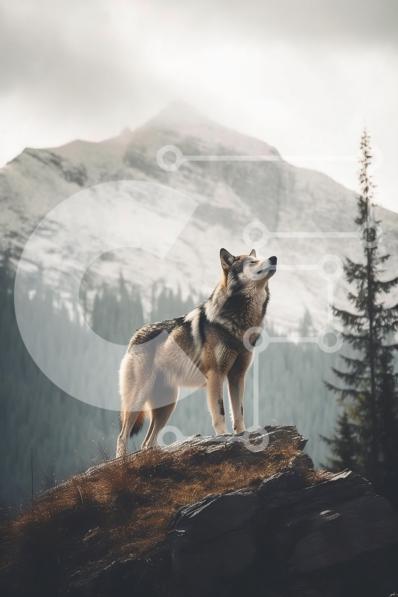 Stunning Image of Gray Wolf on Rocky Outcropping Overlooking Snowy ...