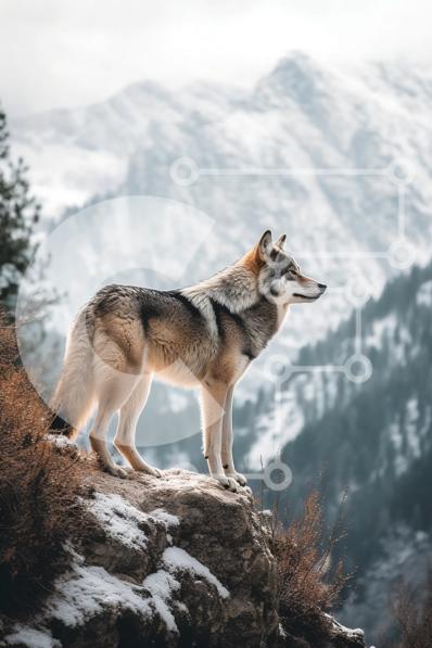 Beautiful Picture of Gray Wolf on Rocky Outcropping Overlooking Snowy ...