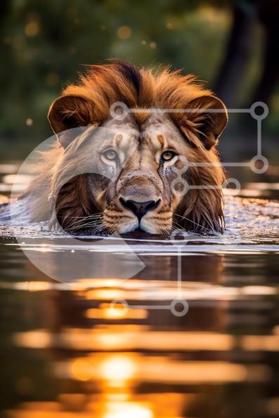 Amazing Picture of a Lion Swimming in the Water at Sunset stock photo ...