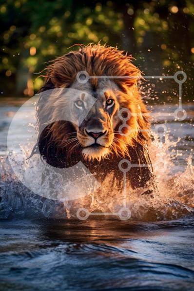 A Lion Running Through the Water: A Powerful and Majestic Image stock ...
