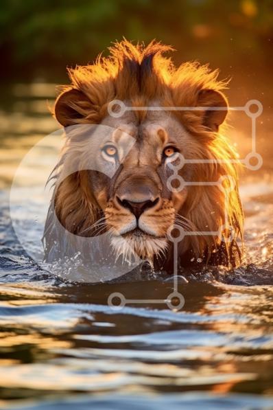 Beautiful Picture of a Lion Swimming in Water at Sunset stock photo ...