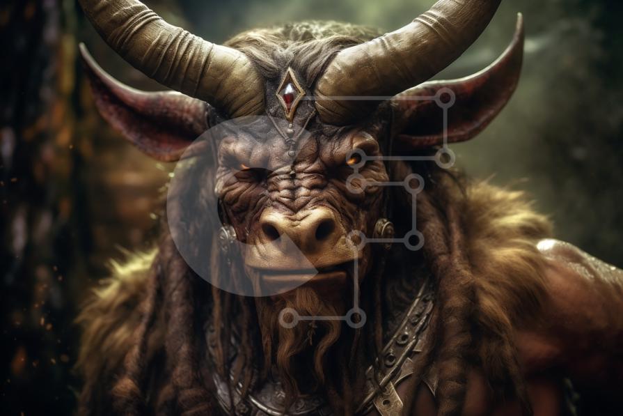 Menacing demon with long horns, beard, and scepter stock photo ...