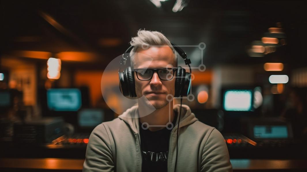 Professional Recording Studio with Man in Headphones stock photo ...
