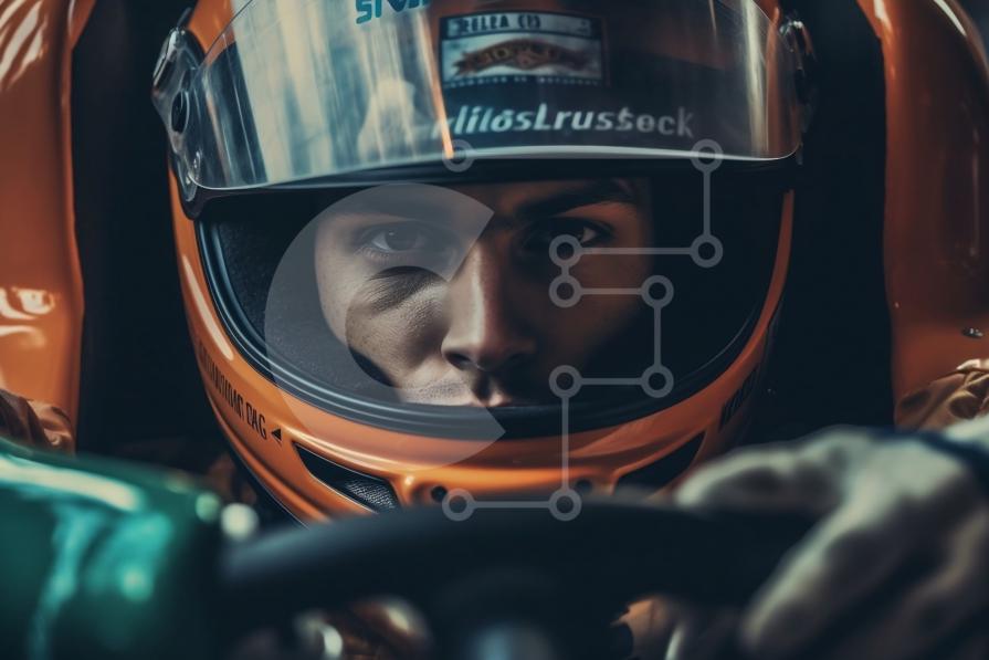 Action Shot of Man Driving Racing Car in Orange Racing Suit and Helmet ...