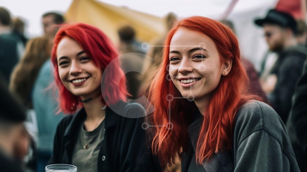 Smiling Red-Haired Friends at Table stock photo | Creative Fabrica