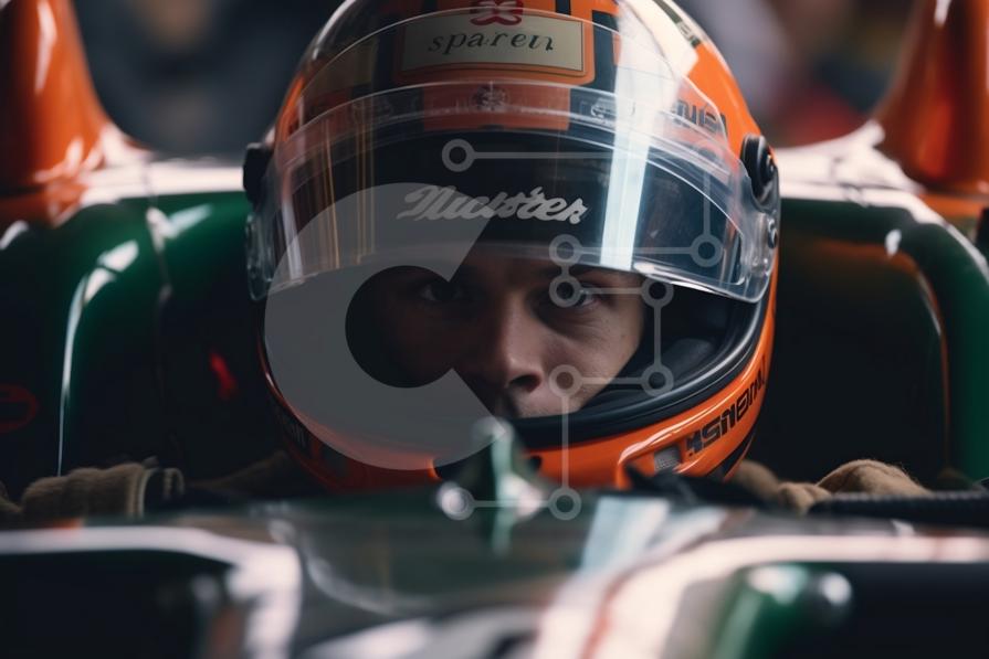 Close-up of Formula One Driver in Green and Orange Racing Car stock ...