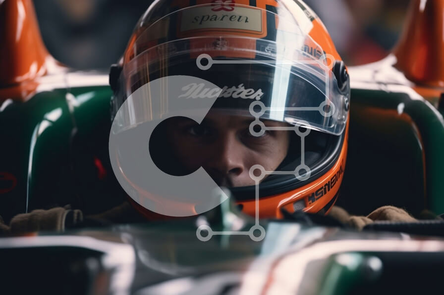 Download Close-up of Formula One Driver in Green and Orange Racing Car ...