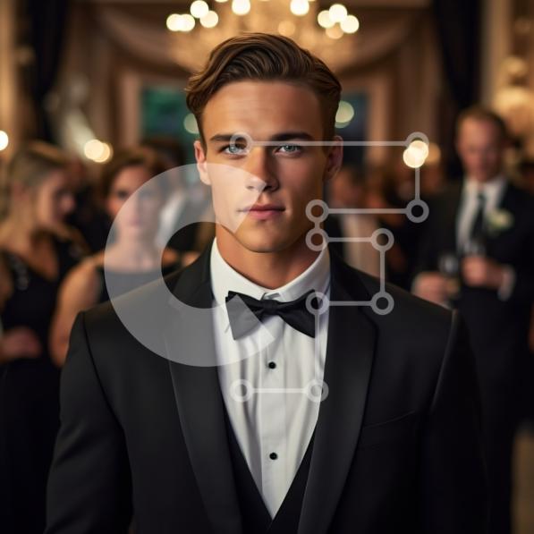 Serious man in black tuxedo at formal event stock photo | Creative Fabrica