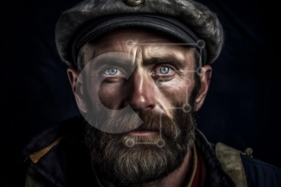 Serious Man with Beard and Cap in Navy Blue Jacket stock photo ...