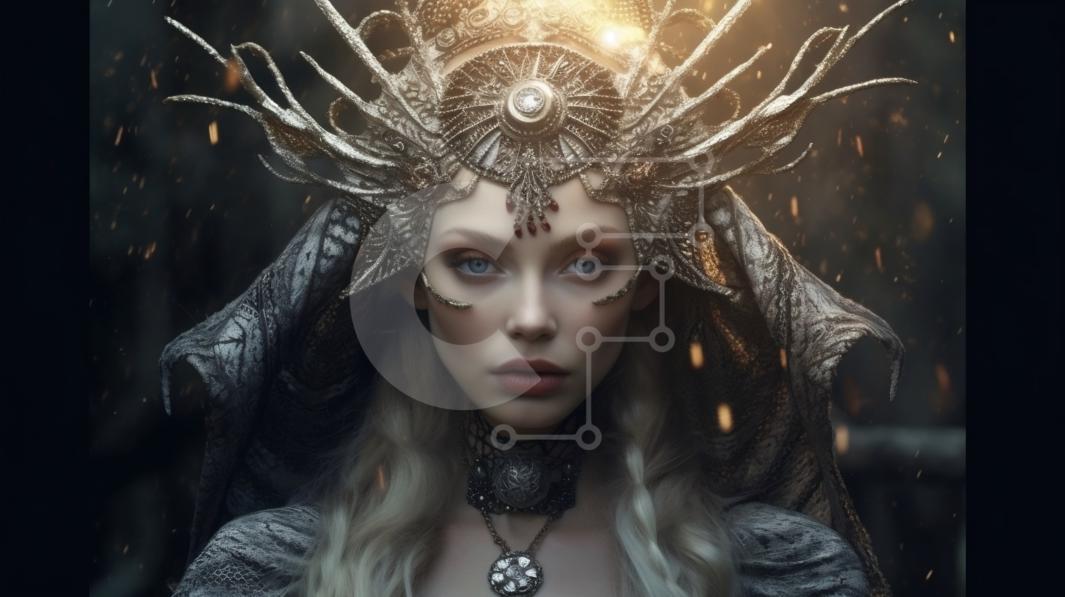 Enchanting picture of a woman in a flowing dress and antler crown in a ...